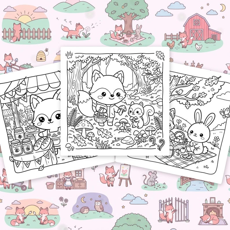 Kawaii Fox Coloring Book: Cozy Countryside Scenes (24 Pages, PDF ...