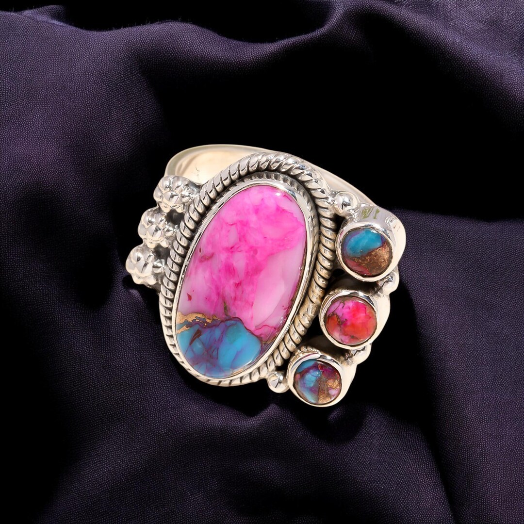 Pink Spiny Oyster Turquoise Ring: Sterling Silver Cluster Jewelry - Etsy