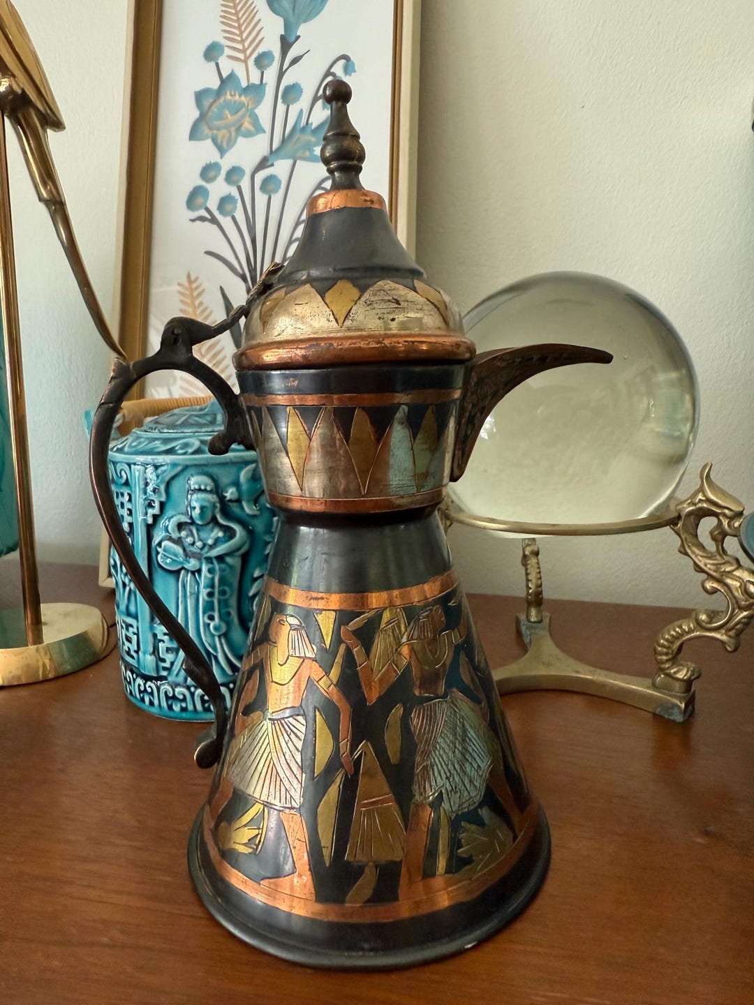 Vintage Etched Copper Brass Mixed Metal Turkish Arabic Egyptian Dallah ...