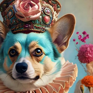 Regal Corgi Portrait - Whimsical Teal Dog Art in Royal Attire - Etsy