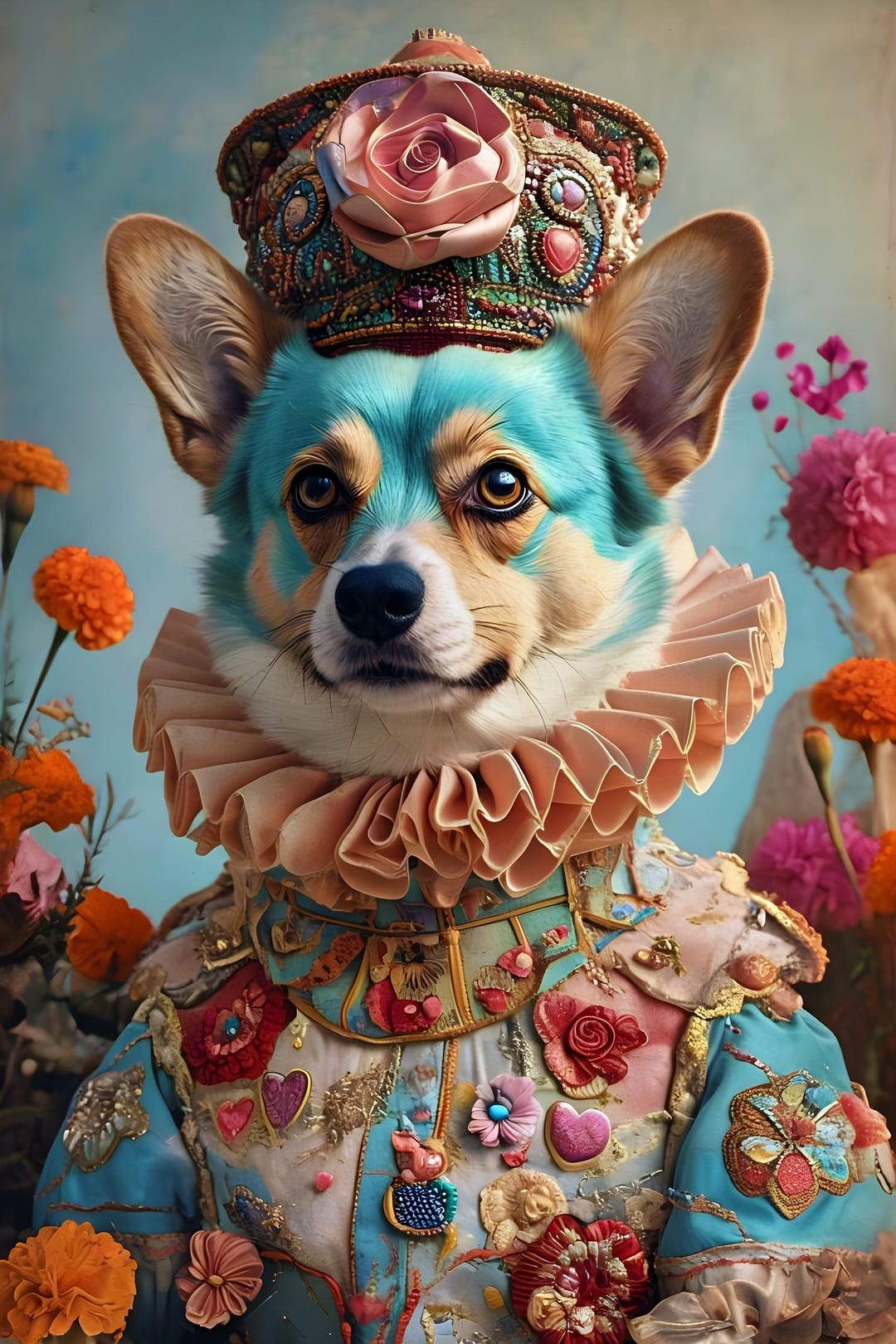 Regal Corgi Portrait - Whimsical Teal Dog Art in Royal Attire - Etsy