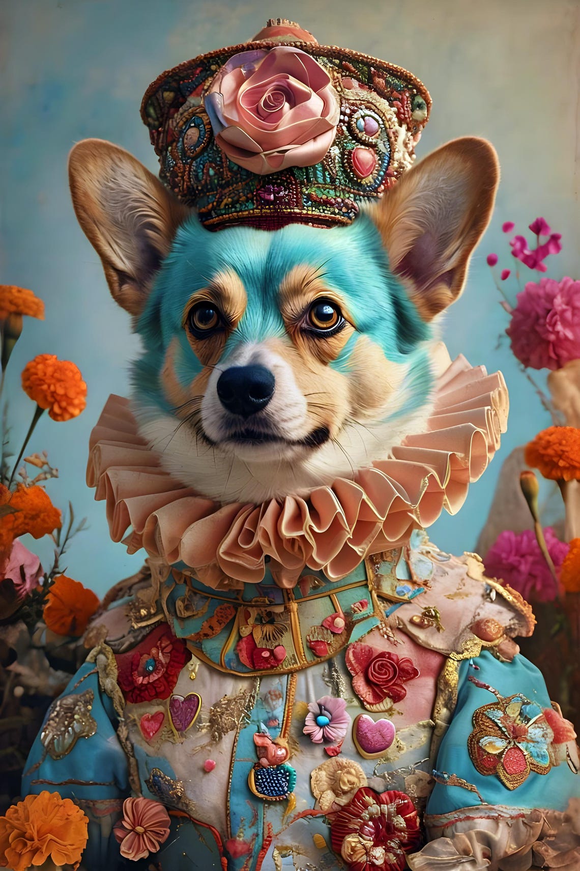 Regal Corgi Portrait - Whimsical Teal Dog Art in Royal Attire - Etsy