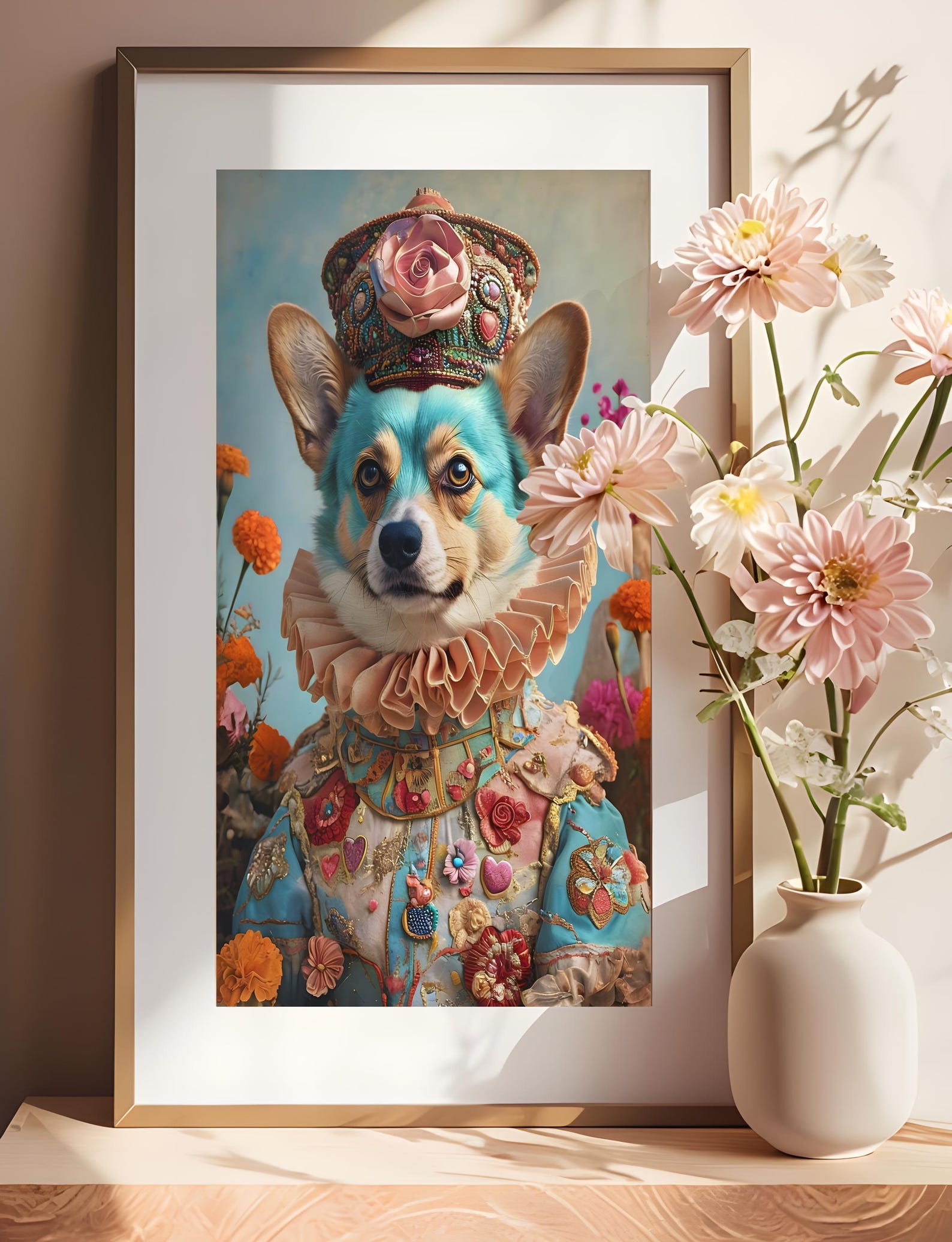 Regal Corgi Portrait - Whimsical Teal Dog Art in Royal Attire - Etsy