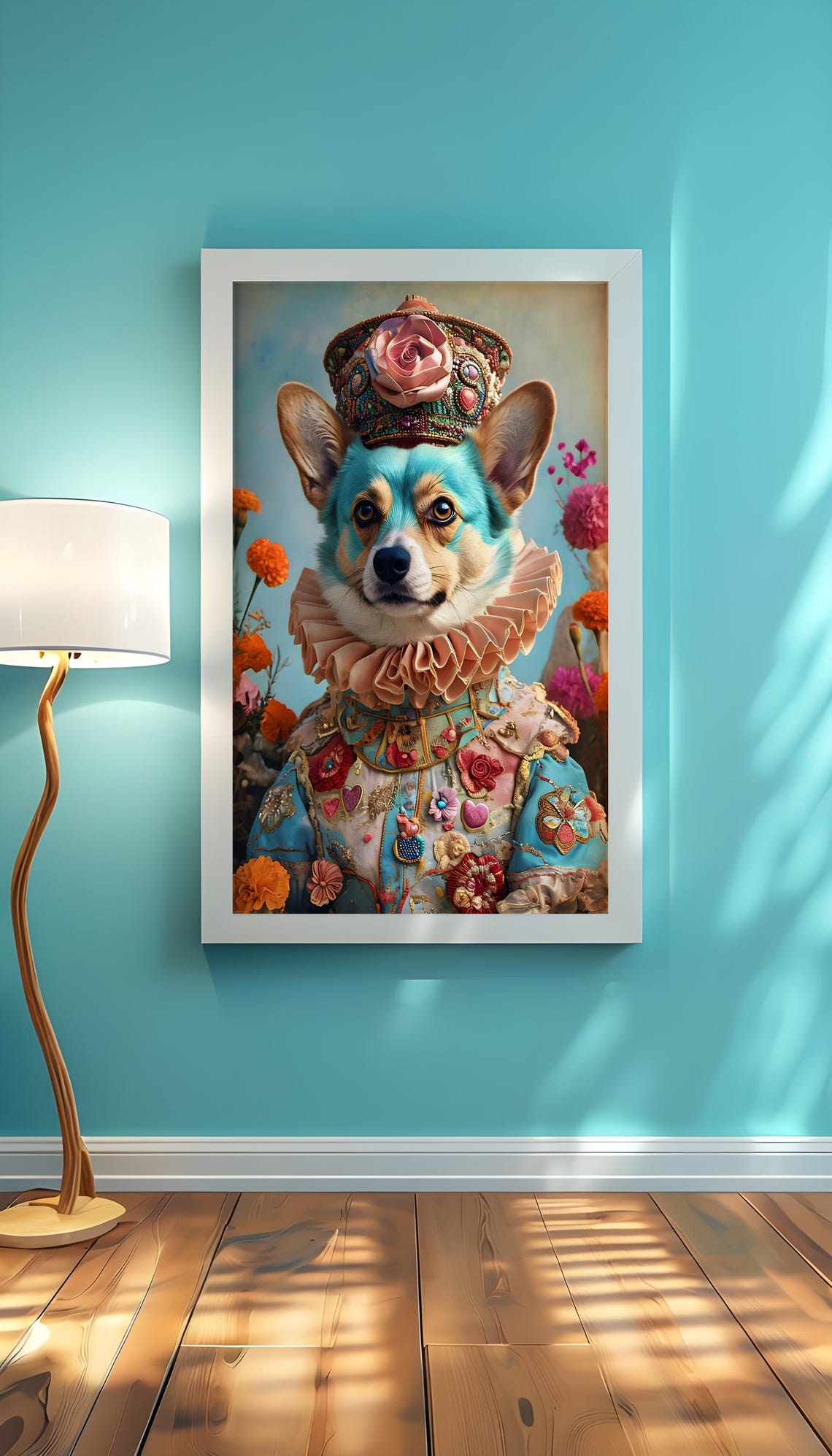 Regal Corgi Portrait - Whimsical Teal Dog Art in Royal Attire - Etsy