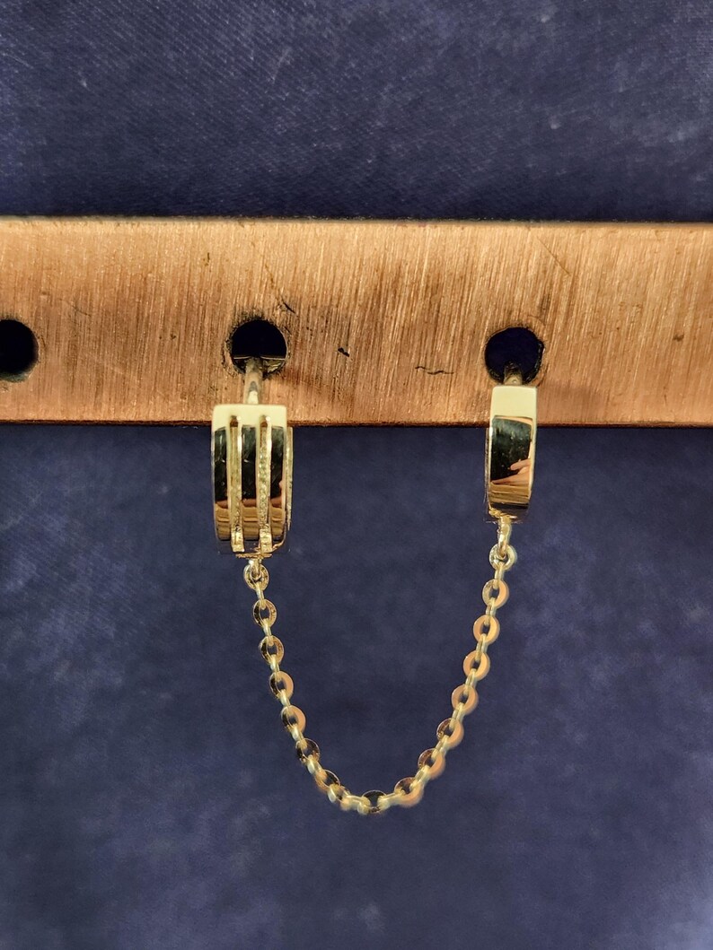 One Piece 14k Solid Gold Double Piercing Chain Earring, Double Hoops ...