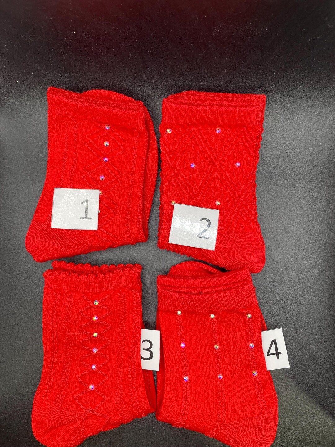Red Cable Knit Socks-mid Calf-iridescent Rhinestones-adult One Size ...