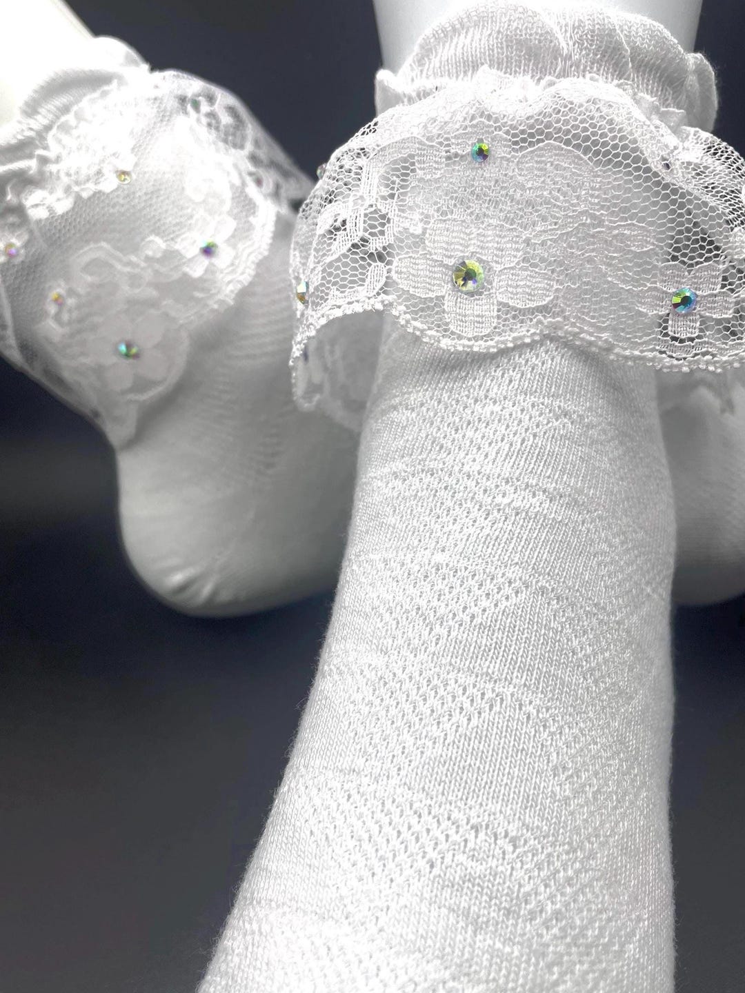 Handcrafted White Cotton Lace Ruffle Socks With Iridescent Rhinestones ...