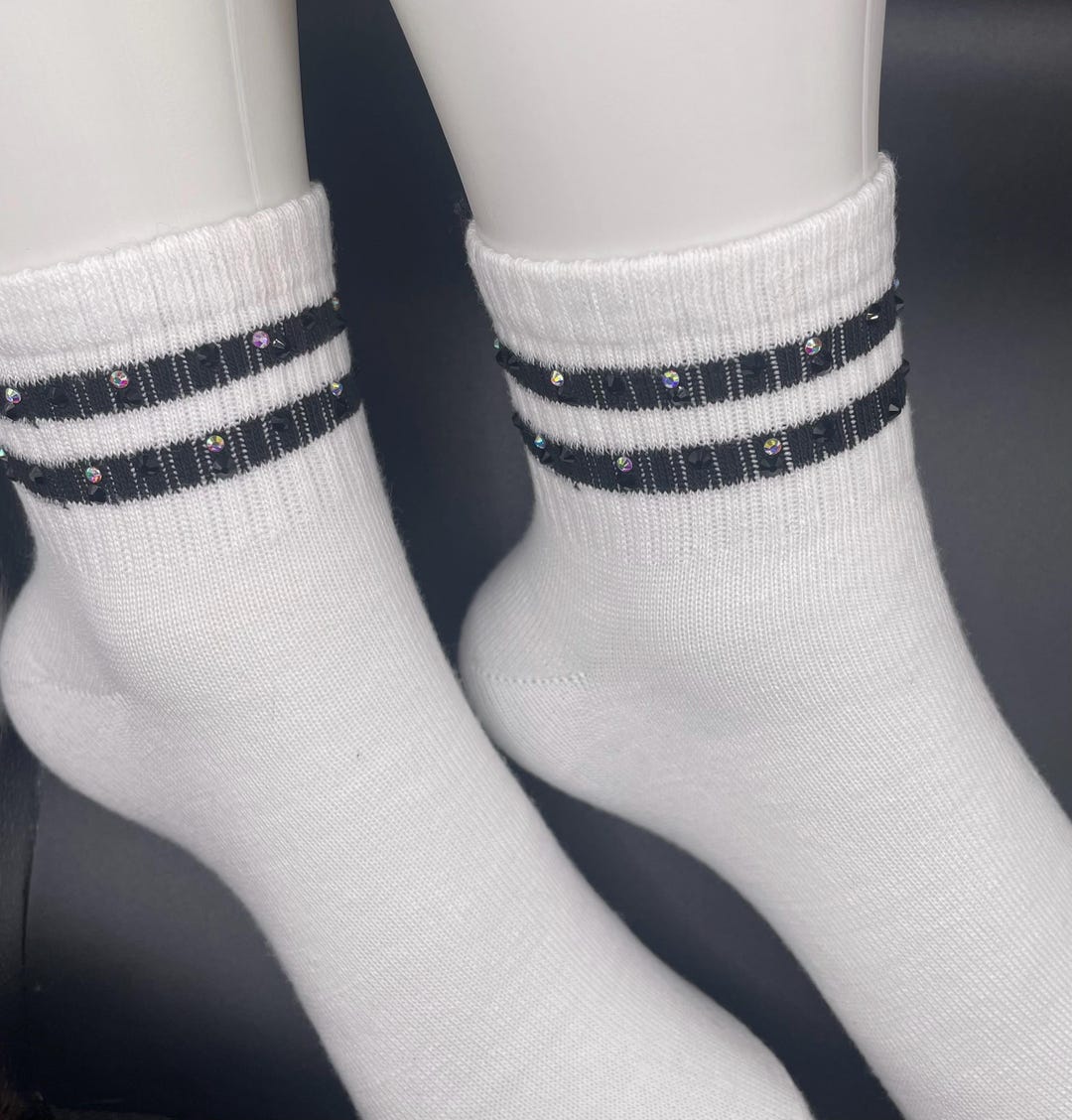 Embellished Iridescent Rhinestones Tube Ankle Socks-gray/black or White ...