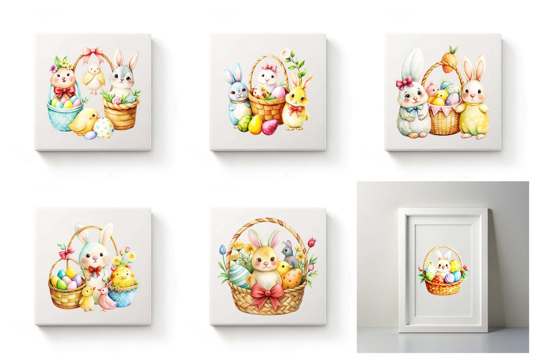 Adorable Easter Bunny & Chick Clipart – Watercolor Easter Basket PNG ...