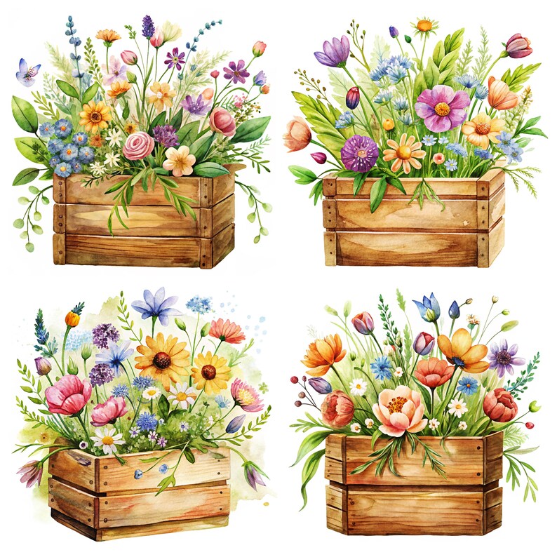 Rustic Floral Crate Wall Art – Watercolor Wildflower Print – Farmhouse ...