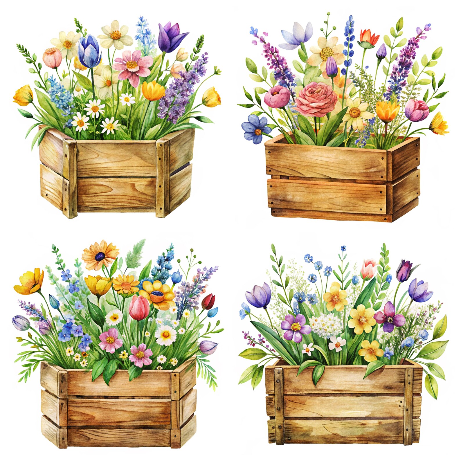 Rustic Floral Crate Wall Art – Watercolor Wildflower Print – Farmhouse ...