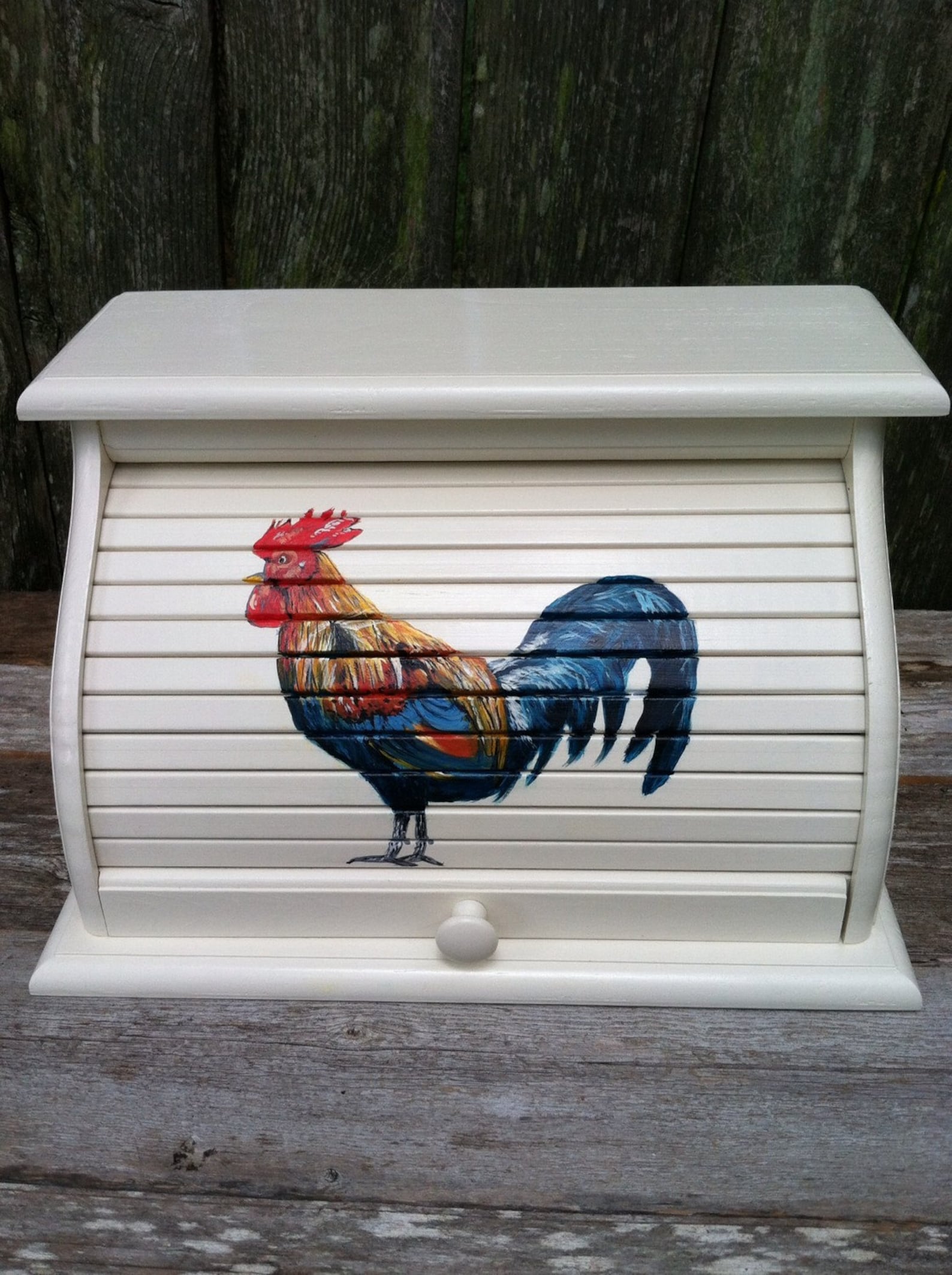 Bread box white with brightly colored rooster artistically | Etsy