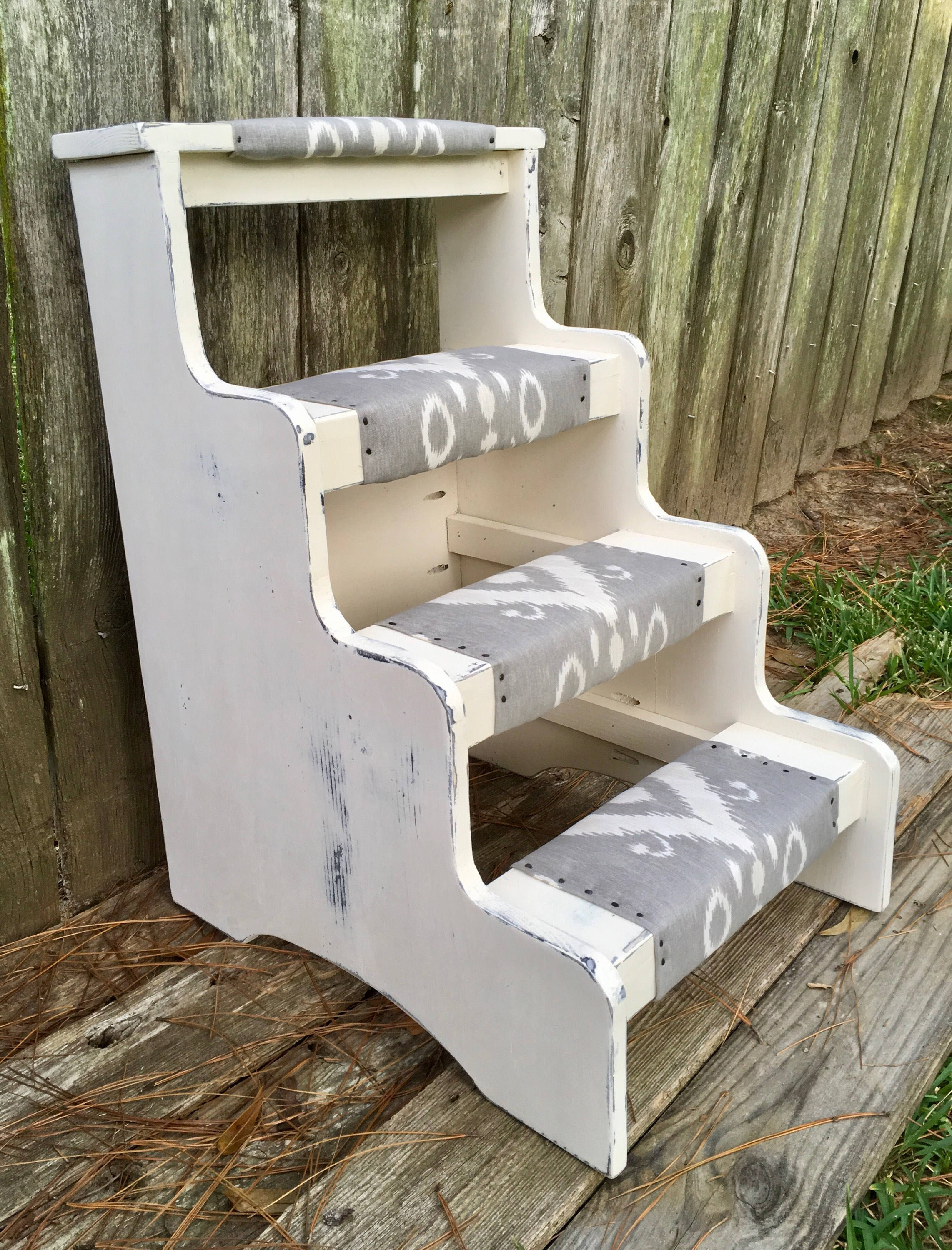 Bed steps wooden white distressed finish gray upholstered step | Etsy