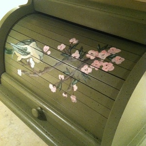 Bread Box Green With Hand Painted Bird Sitting on Pink Apple Blossom ...