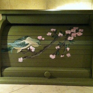 Bread Box Green With Hand Painted Bird Sitting on Pink Apple Blossom ...