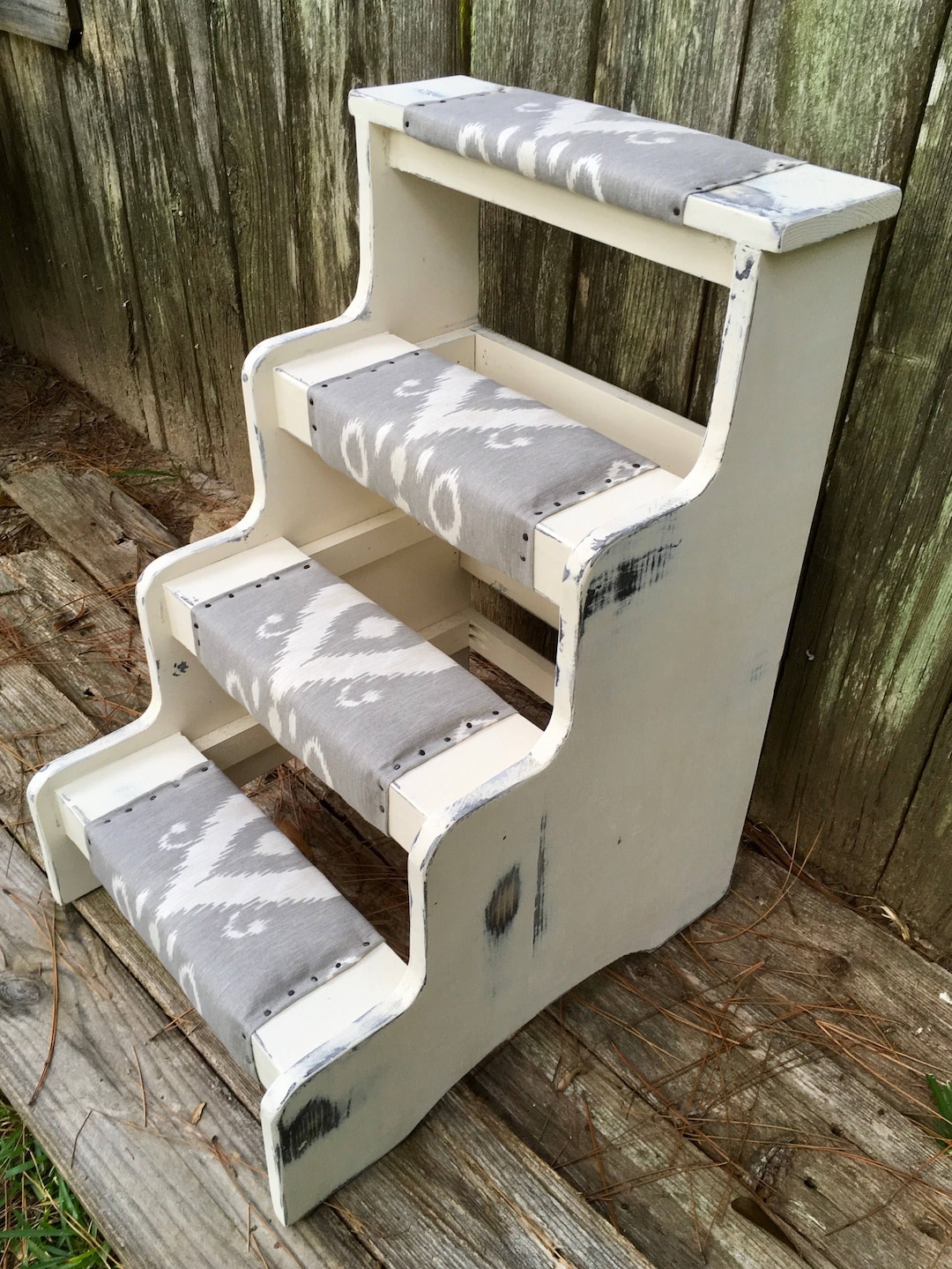 Bed Steps Wooden White Distressed Finish Gray Upholstered Step Stair ...