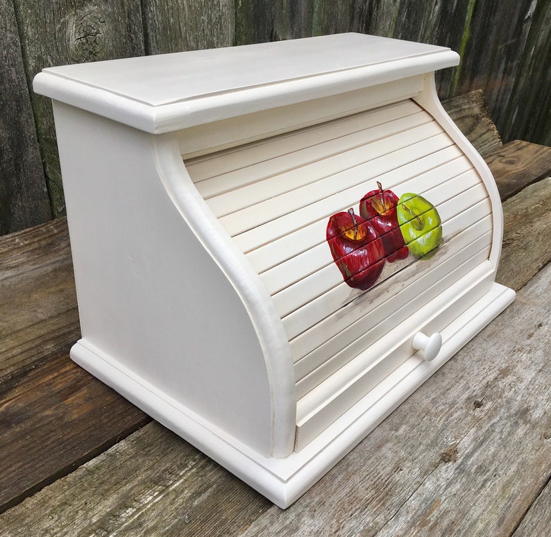 Bread Box White With Apples Hand Painted on Front Toll Top | Etsy