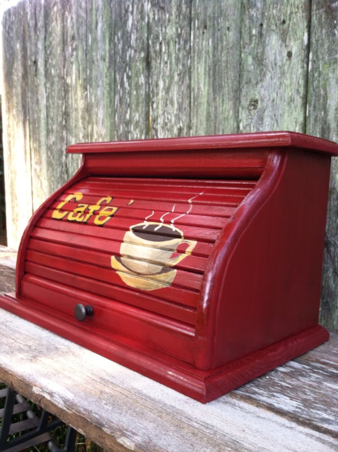 Bread Box Red With White Coffee Cup and Golden Lettering Hand Painted ...