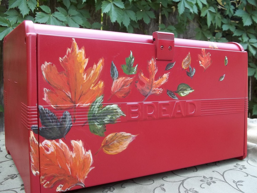 Red Bread Box With Fall Leaves Hand Painted Blowing in the Wind up and ...
