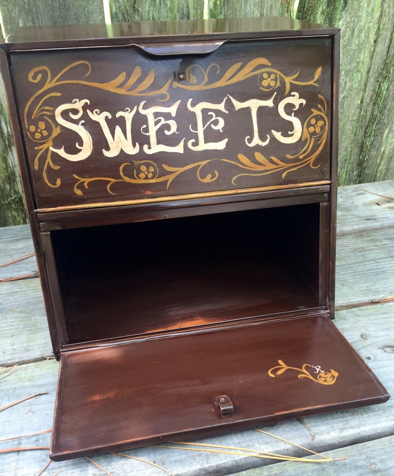 Bread Box Upcycled Retro Metal Double Door Distressed Caramel - Etsy