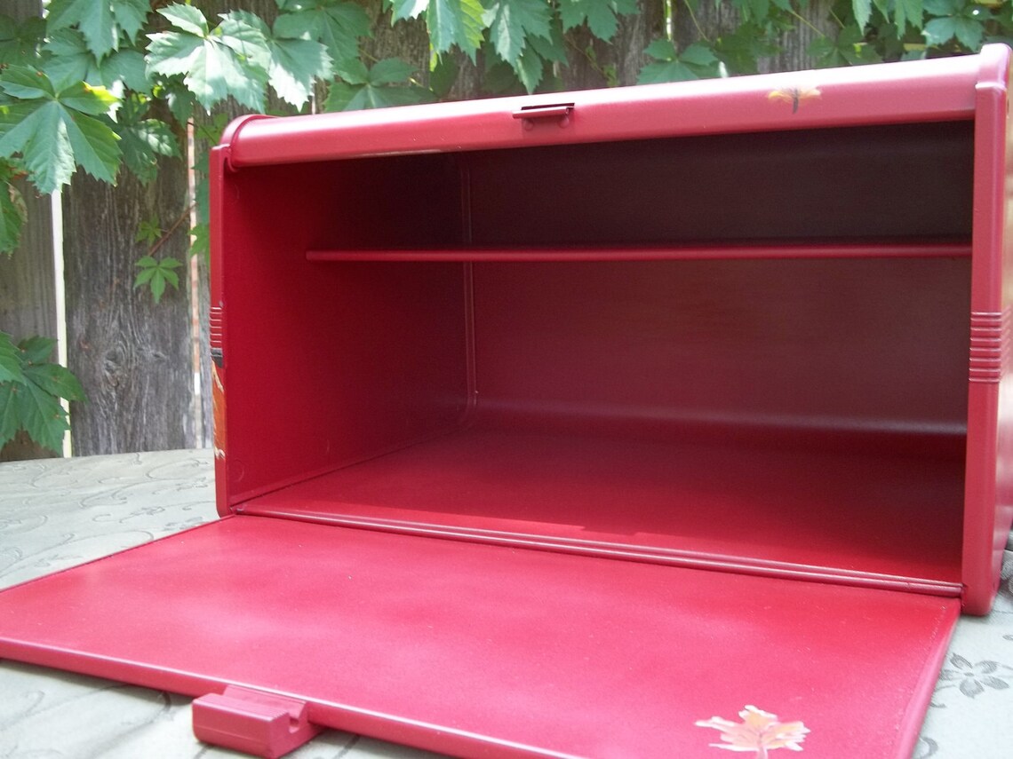 Red Bread Box With Fall Leaves Hand Painted Blowing in the Wind up and ...