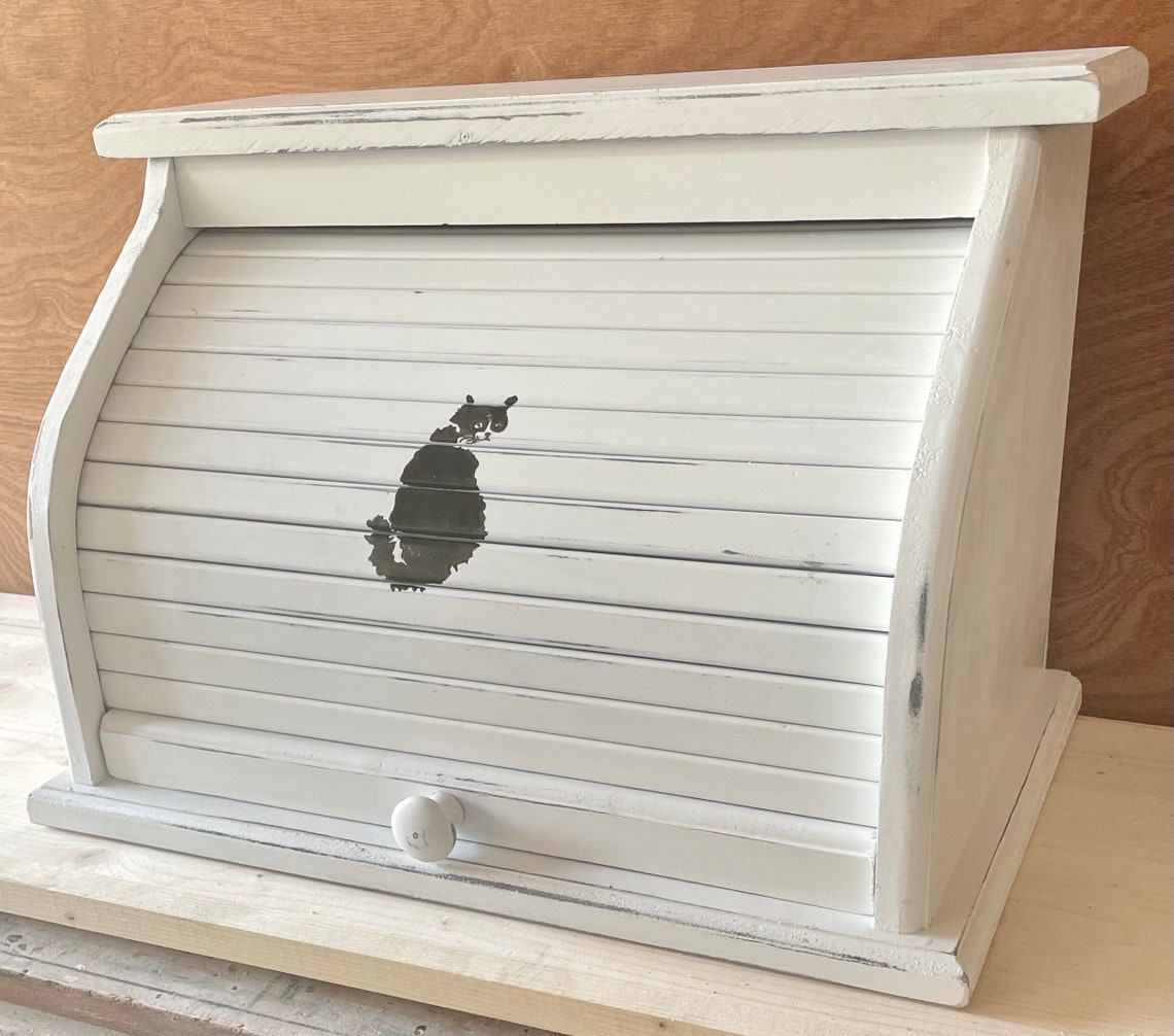 White Bread Box With Cat in Black Lightly Distressed Finish - Etsy