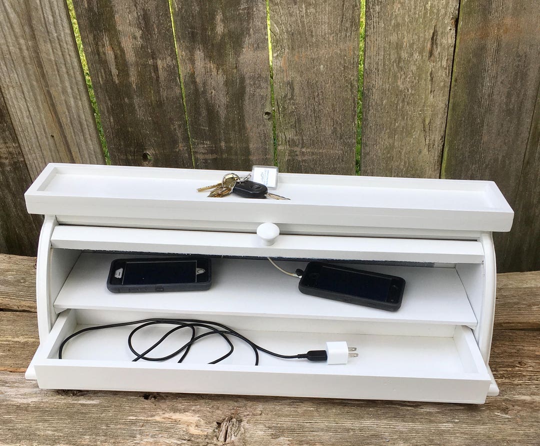 Charging Station Box White Valet Box Docking Organizer With Roll Top ...