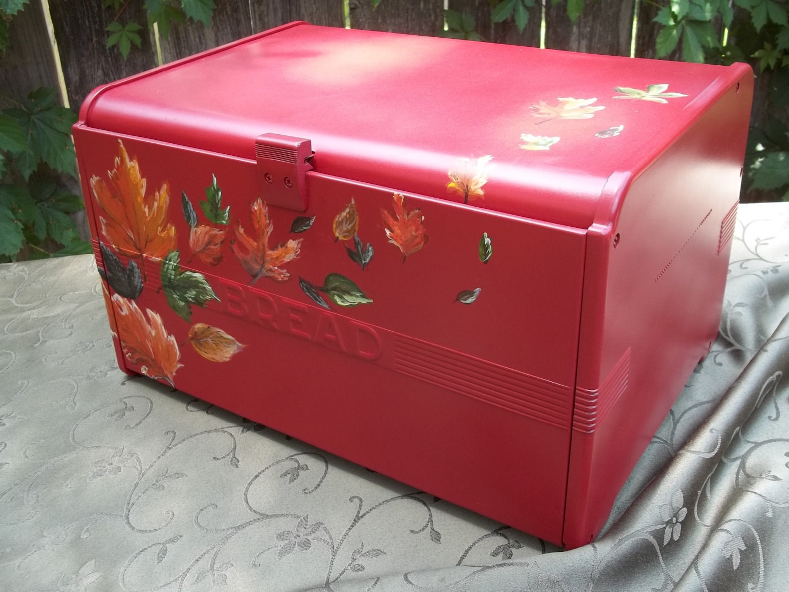 Red Bread Box With Fall Leaves Hand Painted Blowing in the Wind up and ...