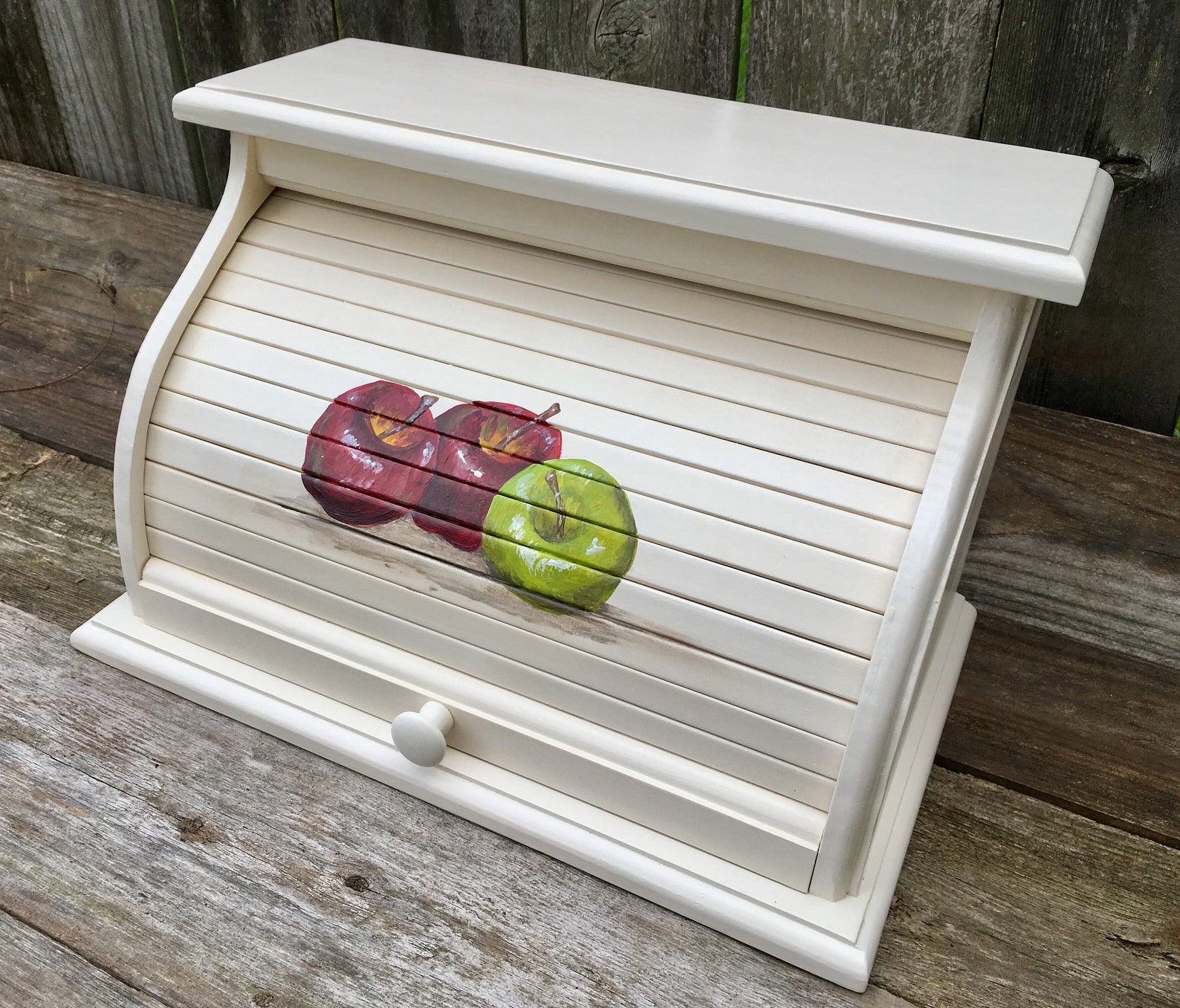Bread Box White With Apples Hand Painted on Front Toll Top - Etsy