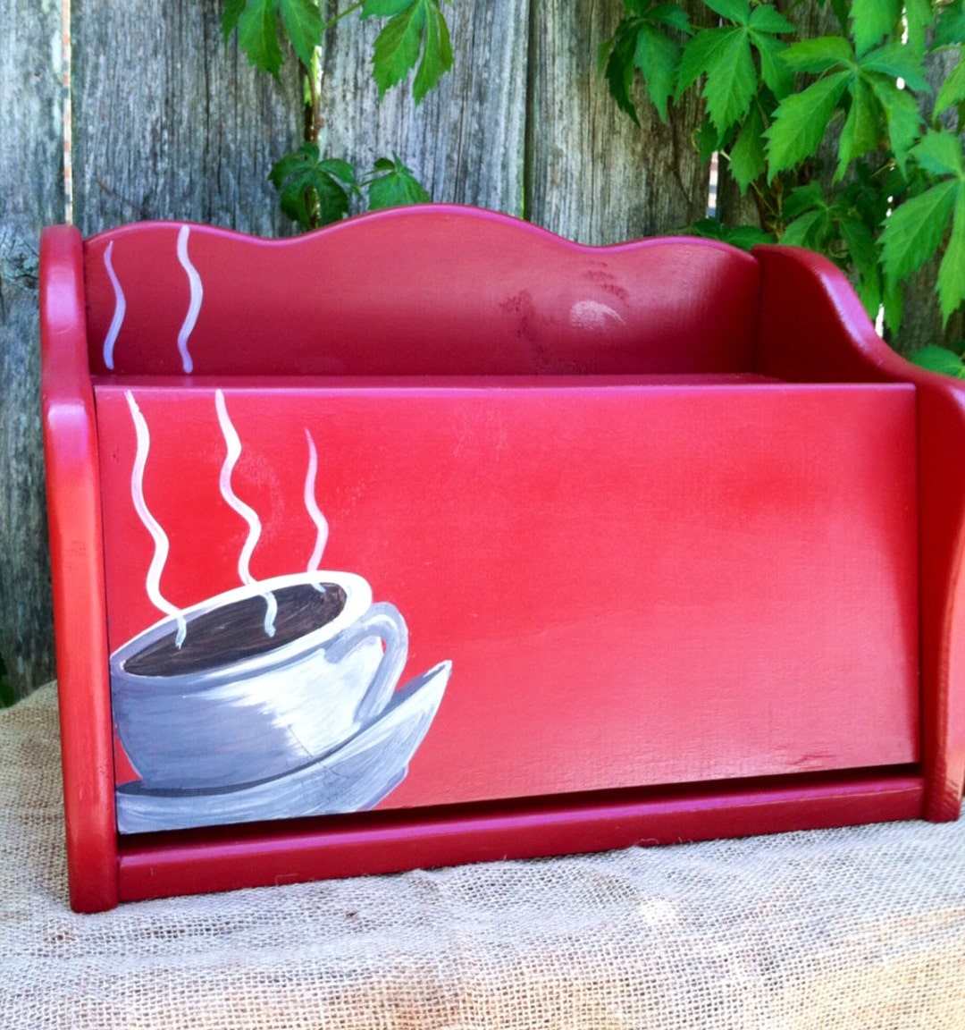 Bread Box Red With Hand Painted Coffee Cup and Steam Rising up Over the ...
