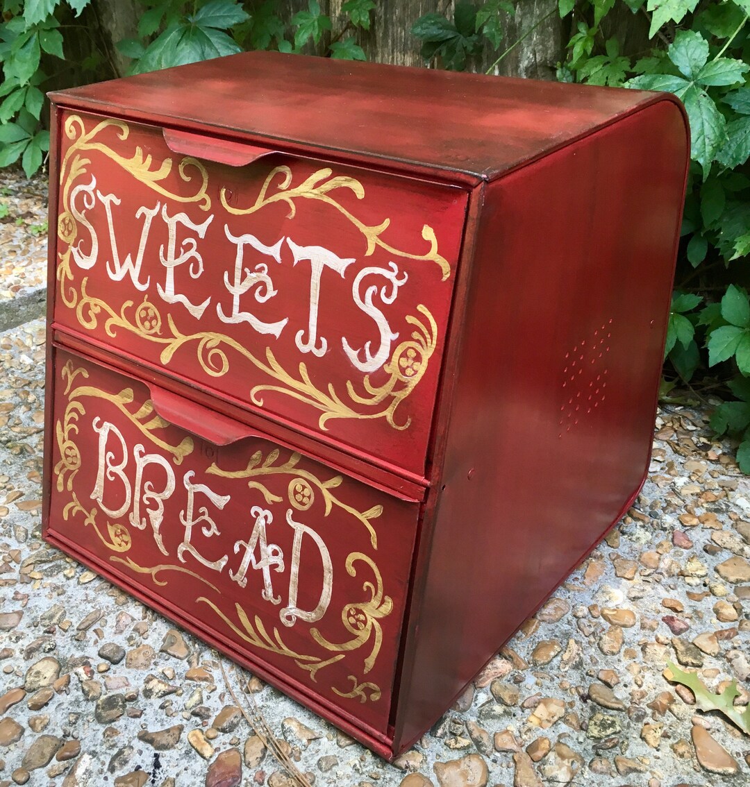 Bread Box Large Double Door Retro up Cycled Finished in Red With Stain ...