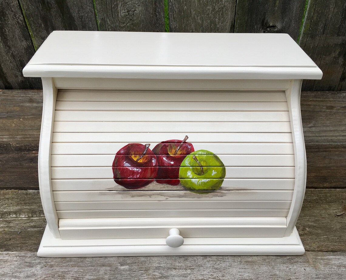 Bread Box White With Apples Hand Painted on Front Toll Top - Etsy