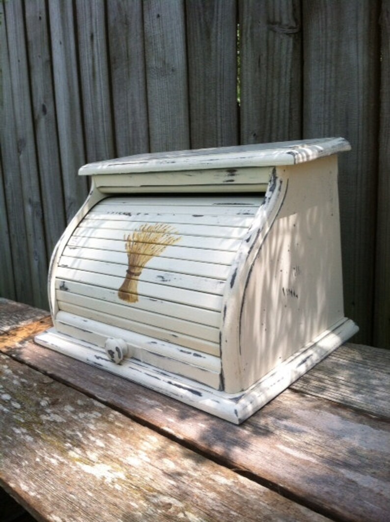 Bread Box Antique White Distressed Finish With Golden Wheat - Etsy
