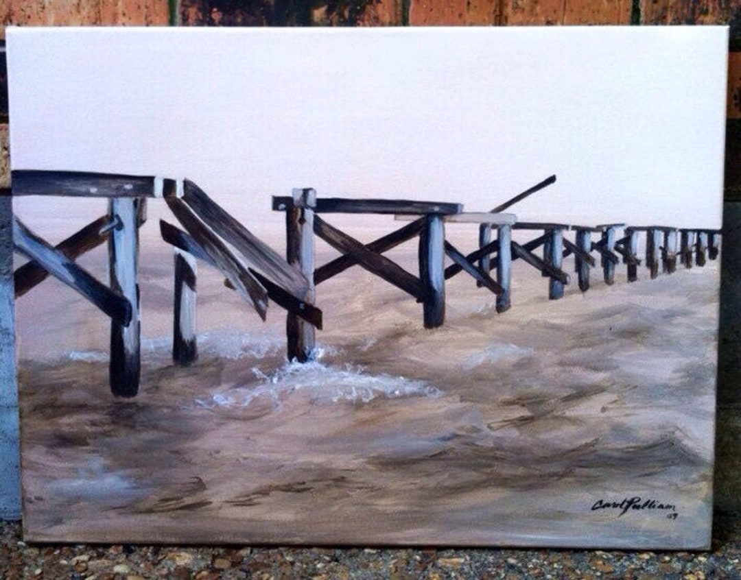Original Painting of Broken Pier Over Water Done in Soft Natural Tones ...
