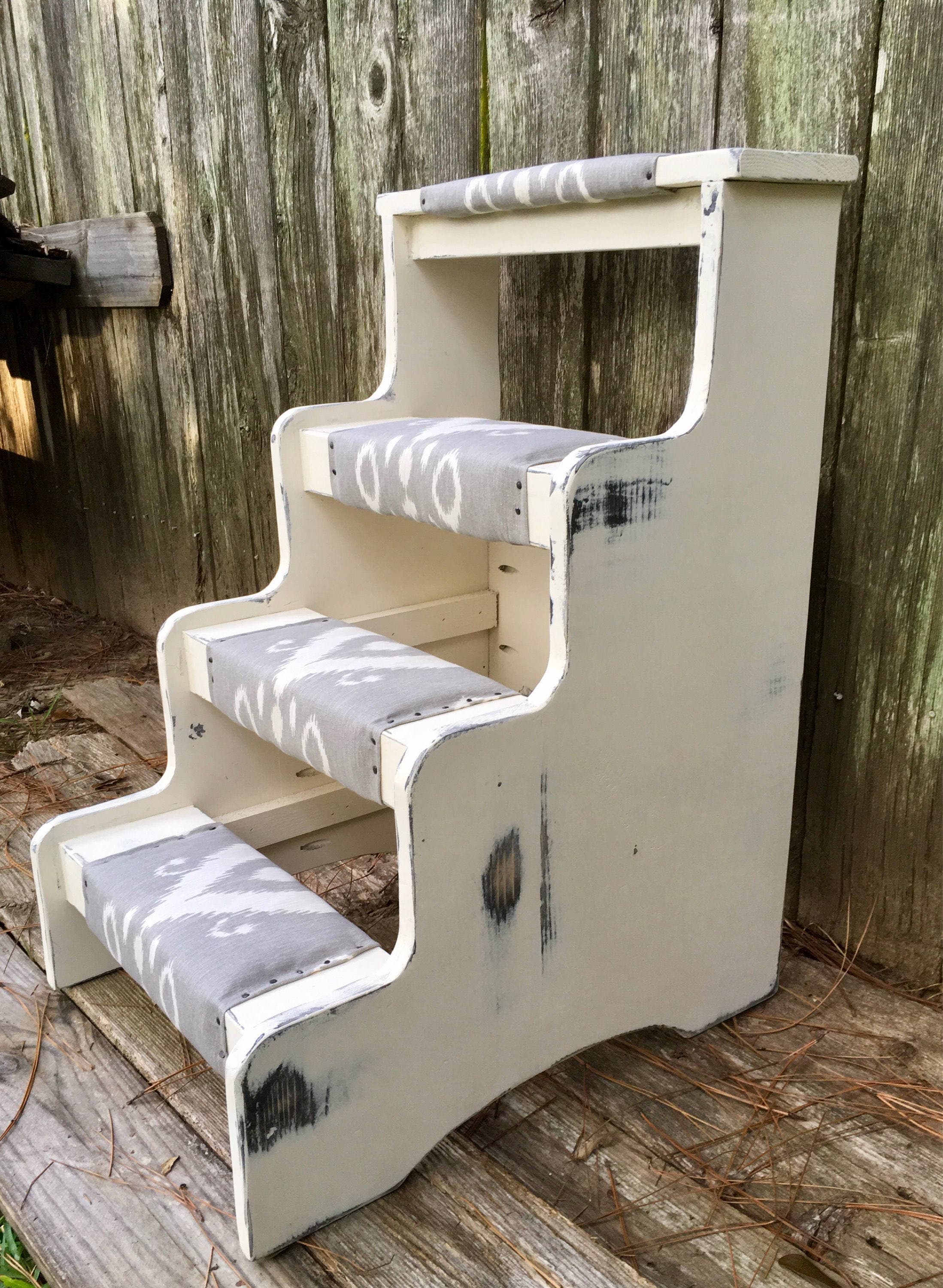 Bed steps wooden white distressed finish gray upholstered step | Etsy