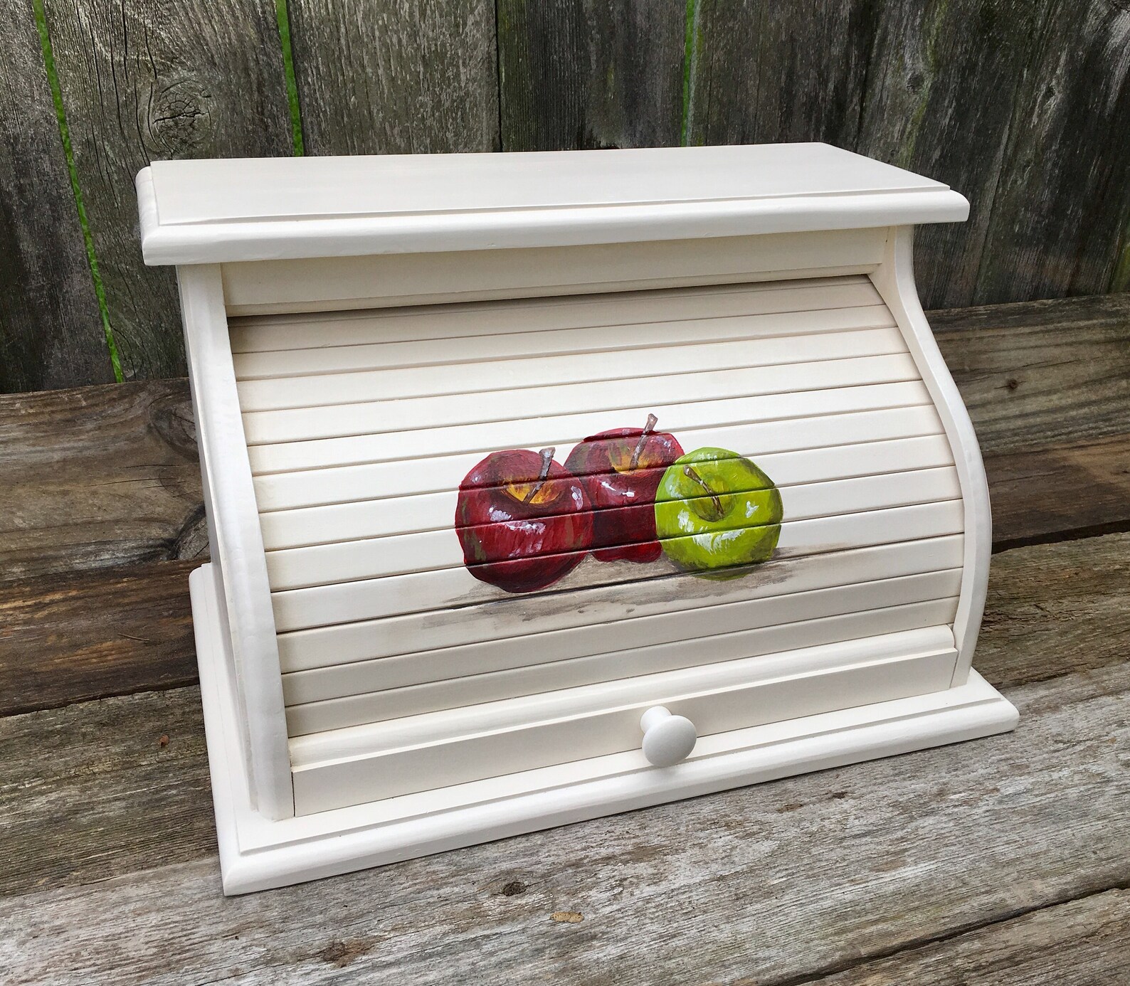 Bread Box White With Apples Hand Painted on Front Toll Top | Etsy