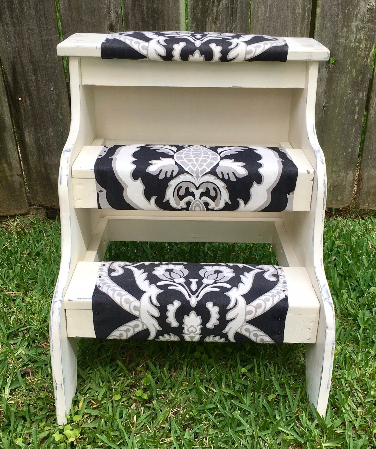 Bed Step White Distressed Three Step Stair With Art Deco Black | Etsy