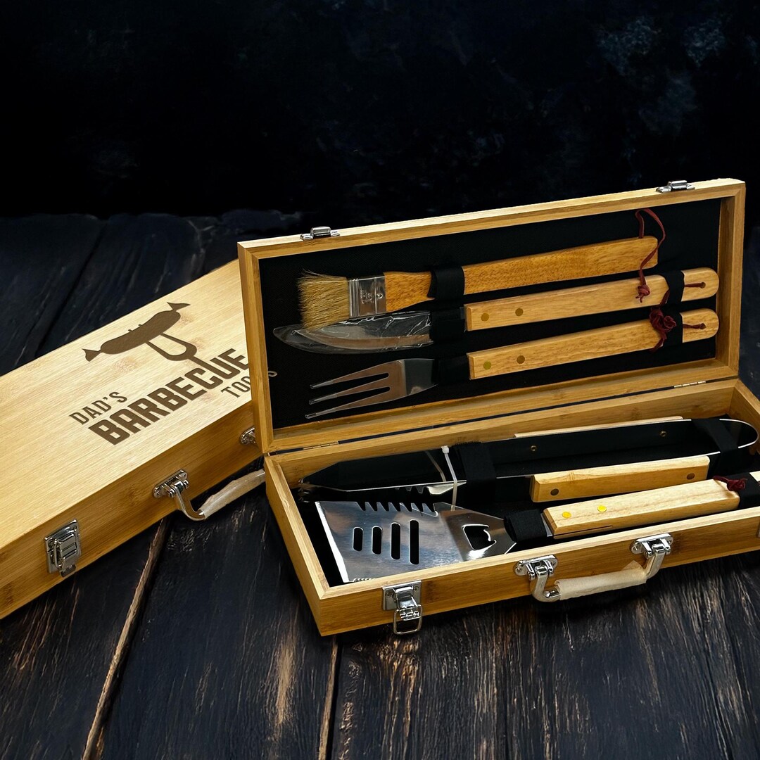 Custom Bamboo BBQ Tools Engraved Box Set Custom Grill Utensils for ...