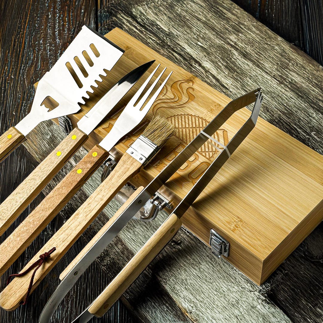 Personalised Bamboo BBQ Tool Set Custom Engraving Complete Barbecue ...