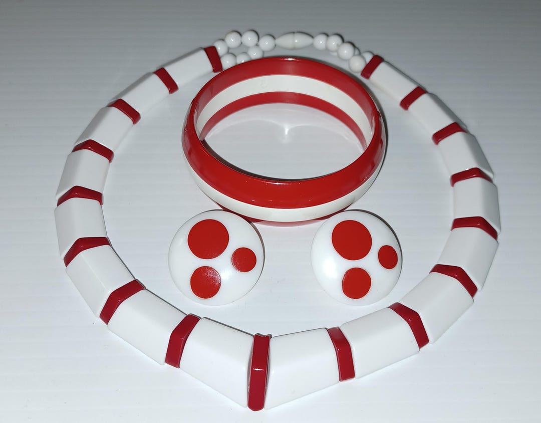 1960s Mod Lucite Jewelry Set – Red White Geometric Necklace, Bangle ...