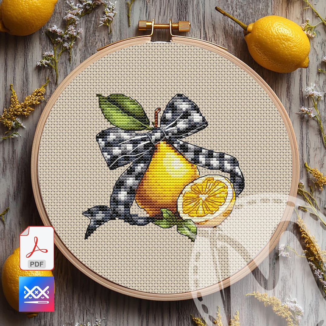 Gingham Bow Lemon Cross Stitch Pattern – Citrus Fruit Embroidery PDF ...