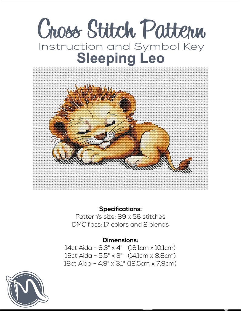 Sleeping Lion Cub Cross Stitch Pattern – Leo Embroidery (PDF Download ...