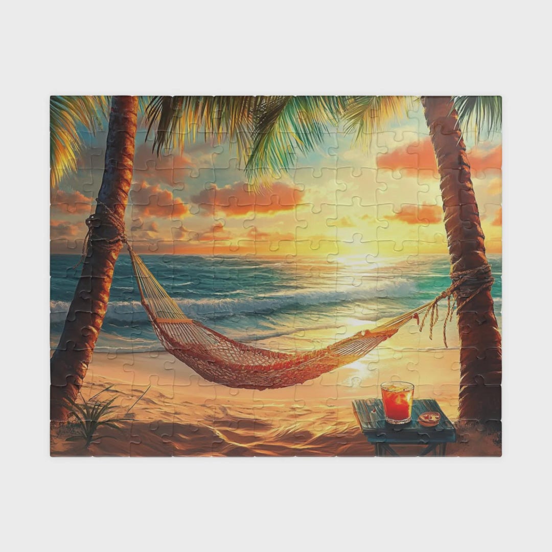 Cozy Beach Sunset Puzzle | Relaxing Ocean Beach Scene Jigsaw With Palm ...