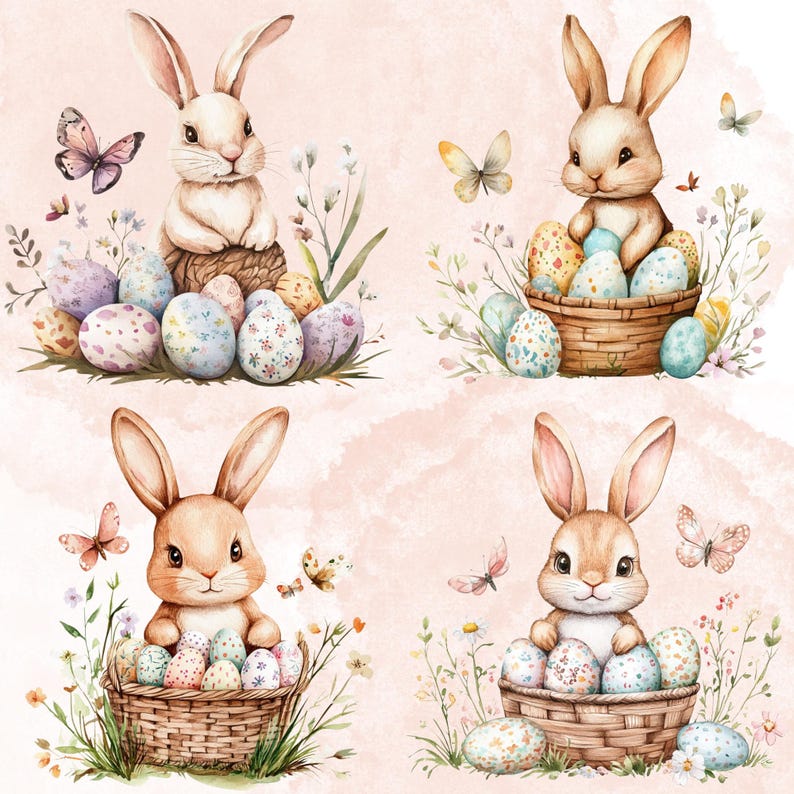 Watercolor Easter Bunny Clipart | Spring Floral PNG Set (digital ...
