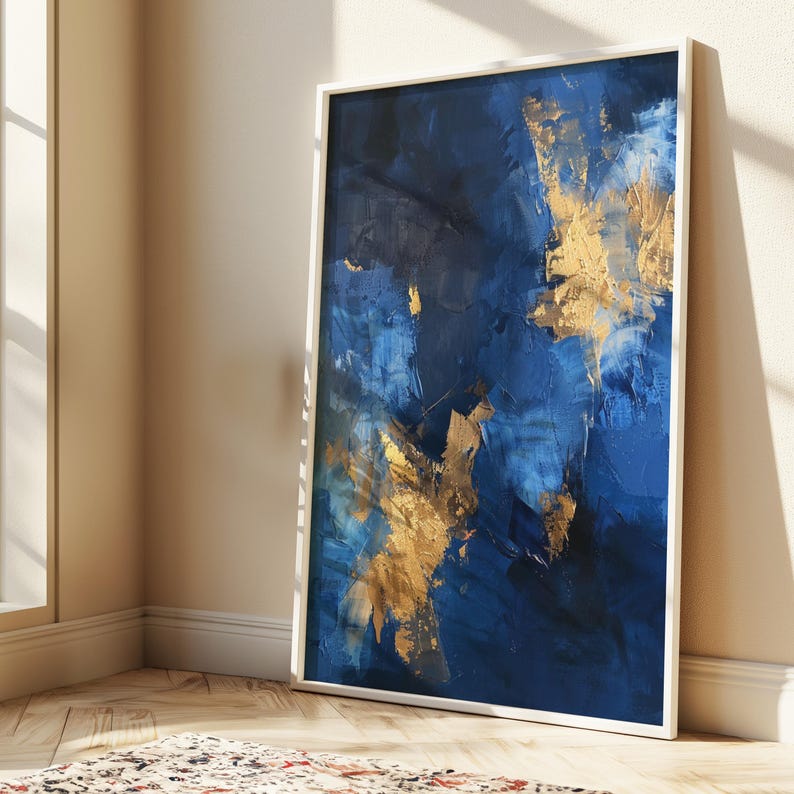 Dark Blue and Gold Abstract Painting: Modern Textured Wall Art Print - Etsy
