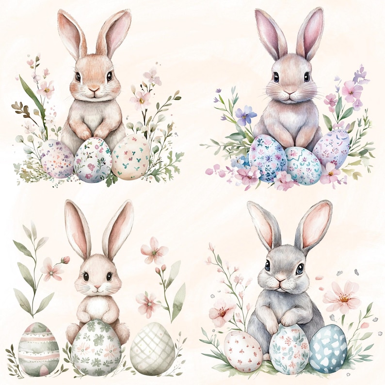 Watercolor Easter Bunny Clipart | Cute Spring Rabbit & Floral PNG ...