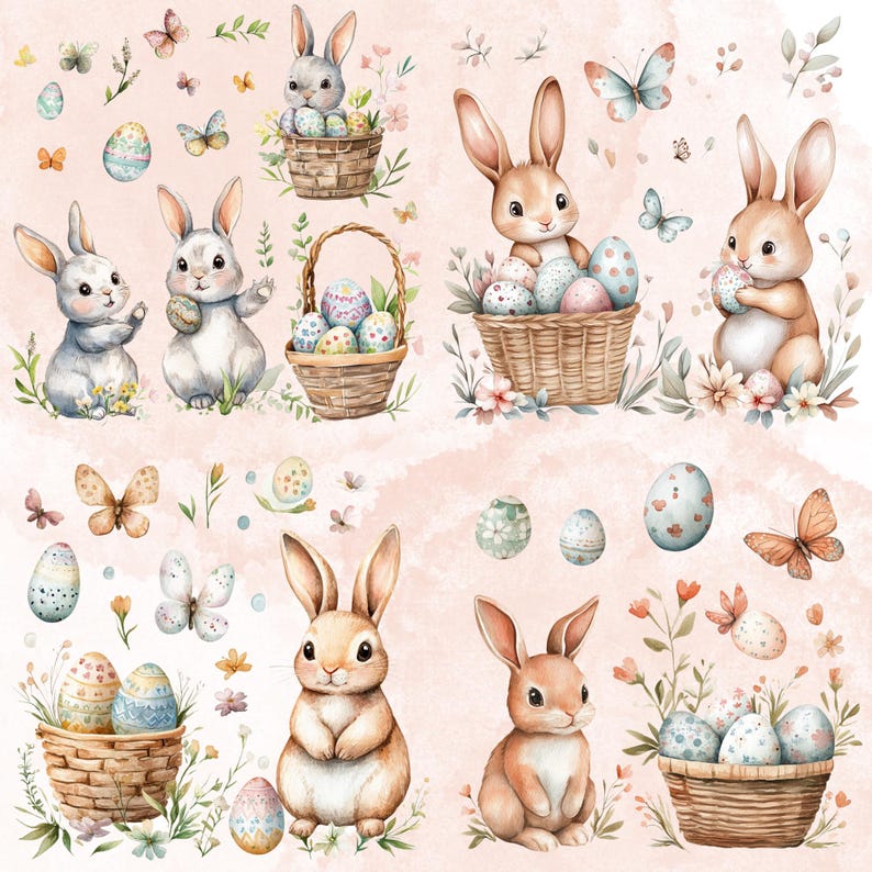 Watercolor Easter Bunny Clipart | Spring Floral PNG Set (digital ...