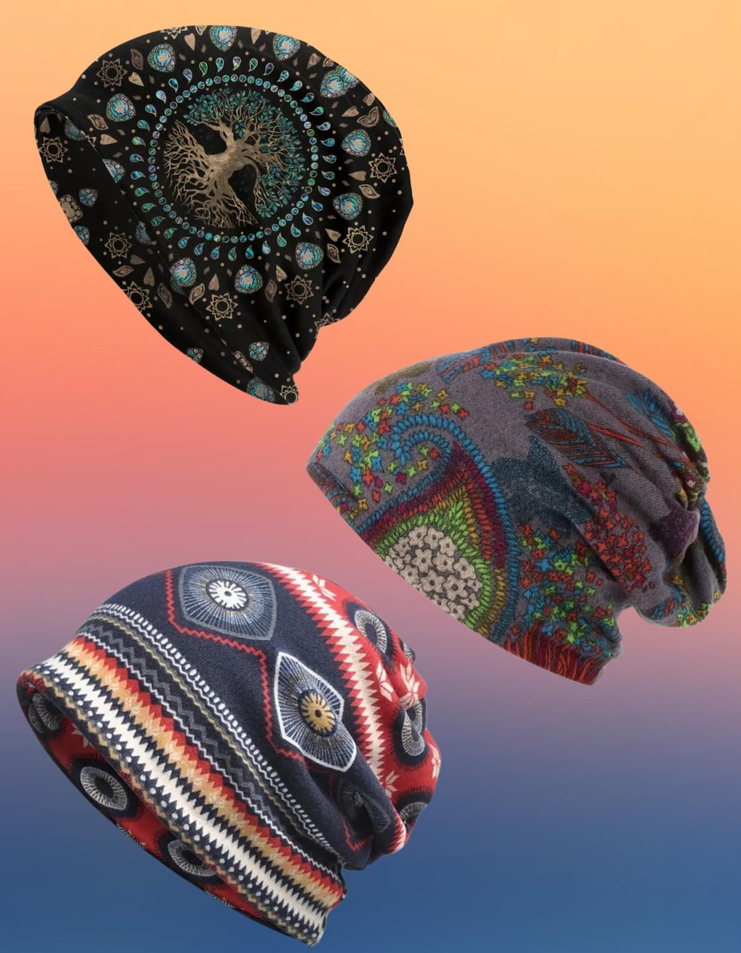 Beanie Hat, Thin Slouchy Beanie, Boho Beanie, Bohemian Caps, Winter ...