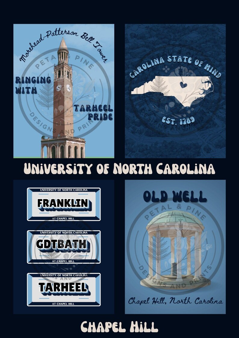UNC Digital Print Set – 8 Printable Chapel Hill Dorm Prints | Tar Heels ...