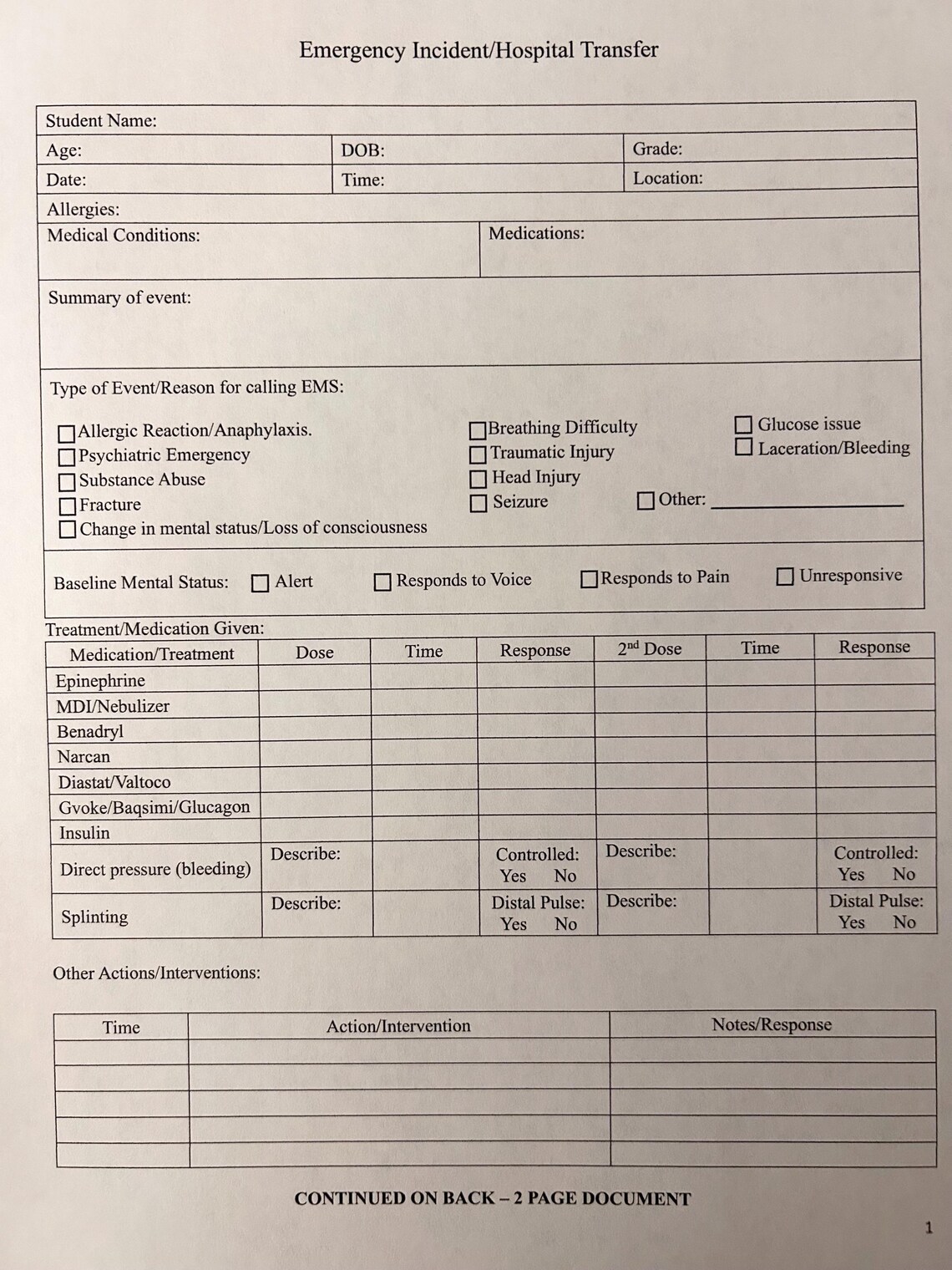 School Emergency Incident/hospital Transfer Form - Etsy
